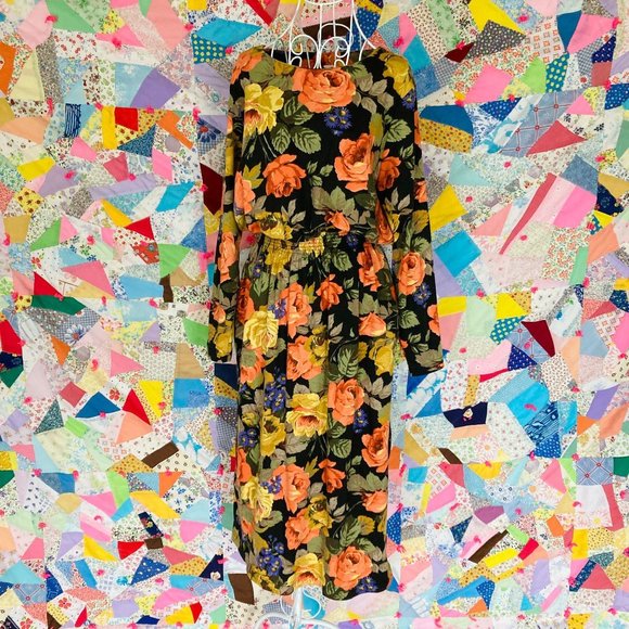 Vintage | Dresses | Vintage 8s Dress Dark Floral Rose 980s Cottage Core ...